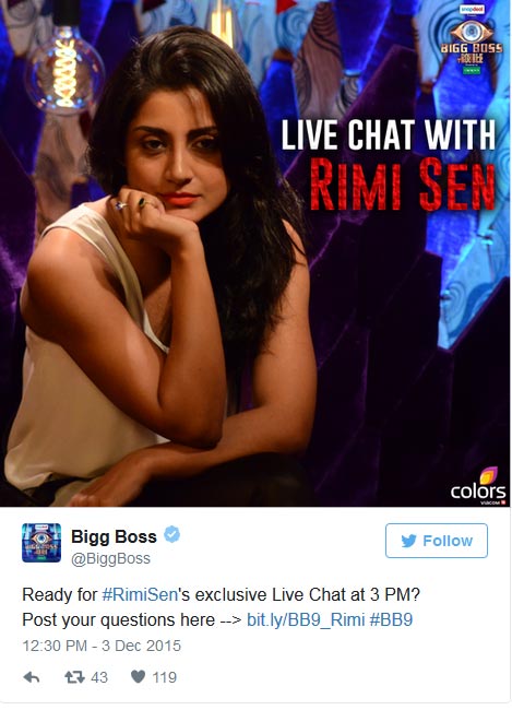 Bigg Boss 9: Evicted Rimi Sen to chat live with fans at 3 pm today ...